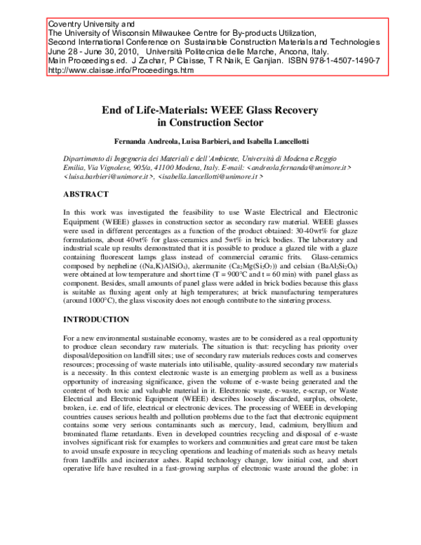 (PDF) End of Life-Materials : WEEE Glass Recovery in Construction Sector
