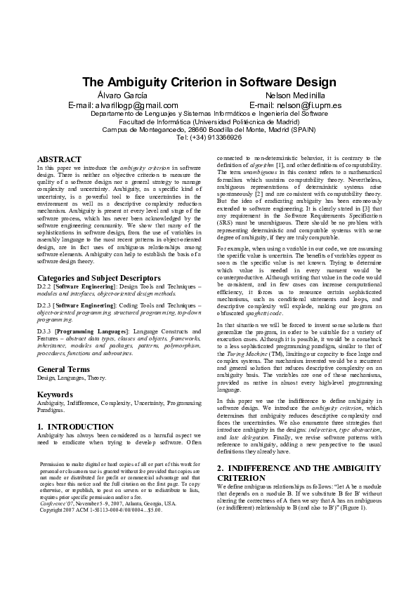 (PDF) The Ambiguity Criterion in Software Design