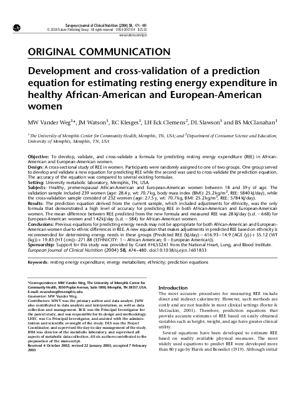 (PDF) Development and cross-validation of a prediction equation for ...