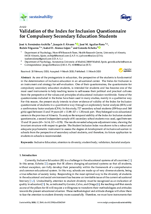 (PDF) Validation of the Index for Inclusion Questionnaire for ...