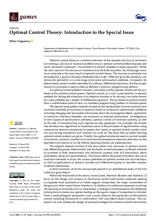 (PDF) Optimal Control Theory: Introduction to the Special Issue