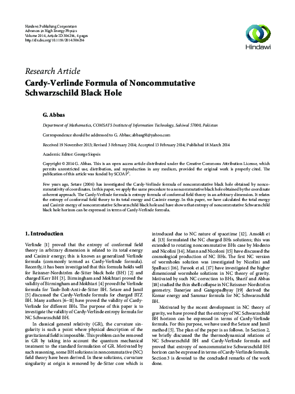 (PDF) Cardy-Verlinde Formula of Noncommutative Schwarzschild Black Hole ...