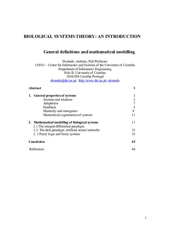 (PDF) BIOLOGICAL SYSTEMS THEORY : AN INTRODUCTION General definitions ...