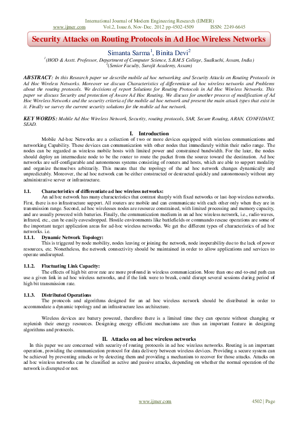 Pdf Security Attacks On Routing Protocols In Ad Hoc Wireless Networks