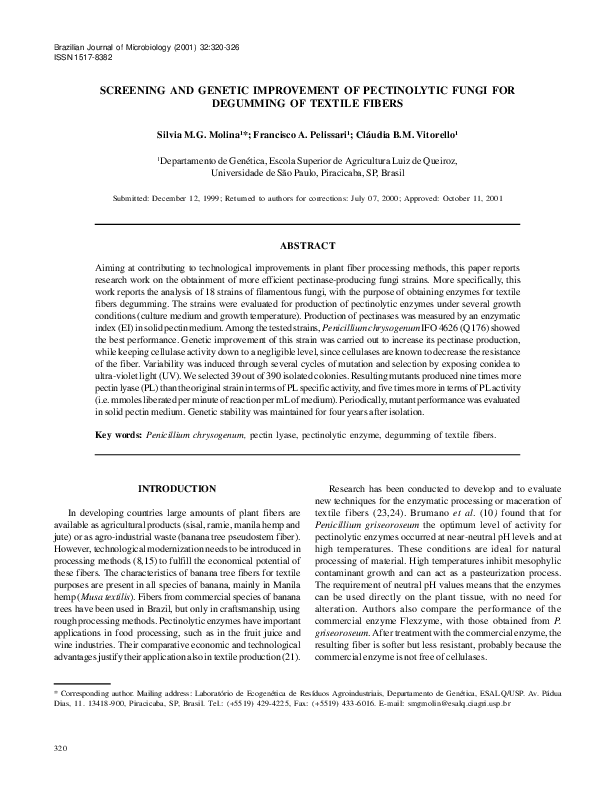 (PDF) Screening and genetic improvement of pectinolytic fungi for degumming of textile fibers
