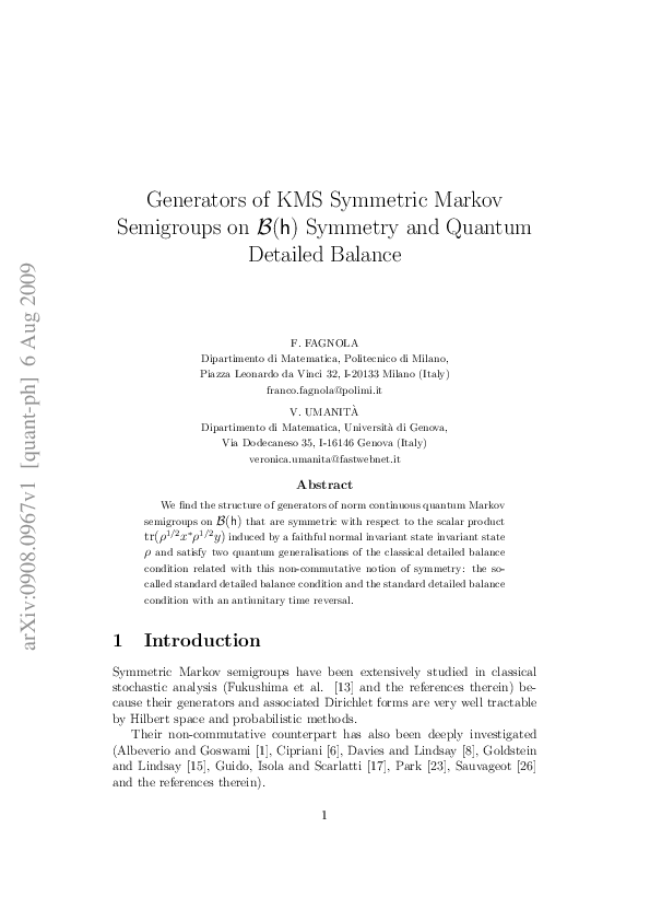 (PDF) Generators of KMS Symmetric Markov Semigroups on B(h) Symmetry and Quantum Detailed Balance