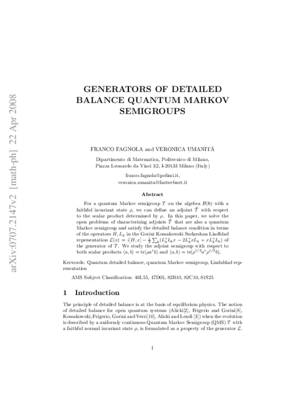 (PDF) Generators of Detailed Balance Quantum Markov Semigroups