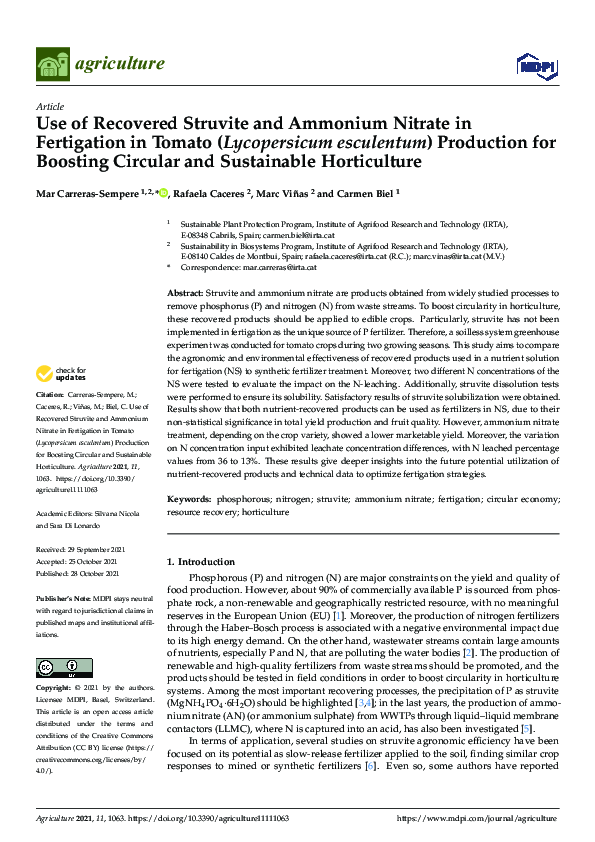 (PDF) Use of Recovered Struvite and Ammonium Nitrate in Fertigation in ...