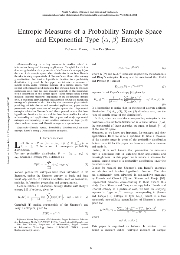 (PDF) Entropic Measures of a Probability Sample Space and Exponential ...