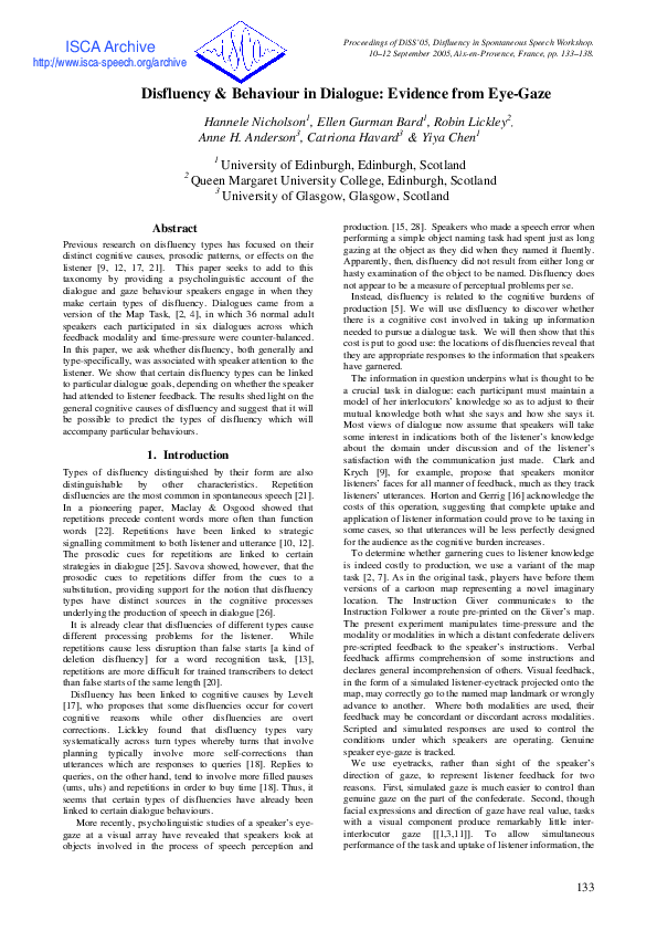 (PDF) Disfluency & Behaviour in Dialogue : Evidence from Eye-Gaze