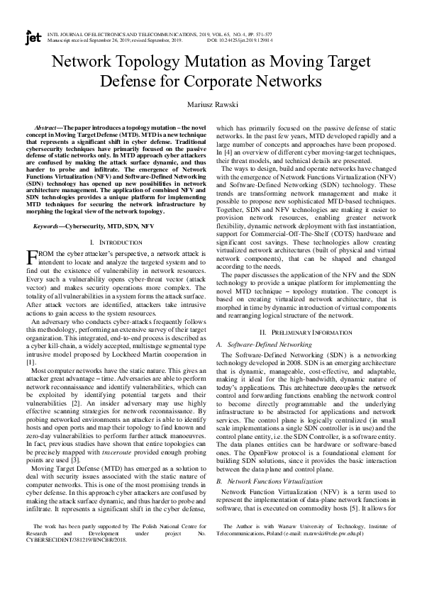 (PDF) Network Topology Mutation as Moving Target Defense for Corporate Networks
