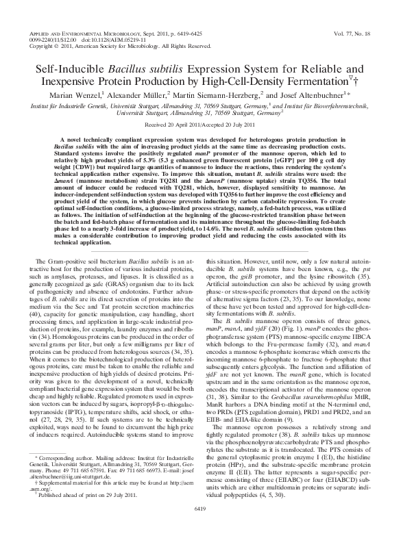 Pdf Self Inducible Bacillus Subtilis Expression System For Reliable And Inexpensive Protein
