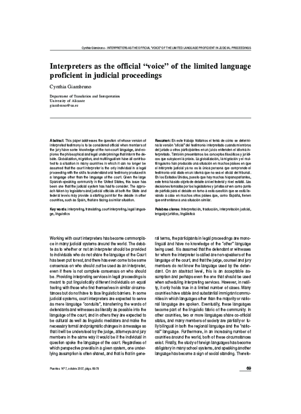 (PDF) Interpreters as the official “voice” of the limited language ...