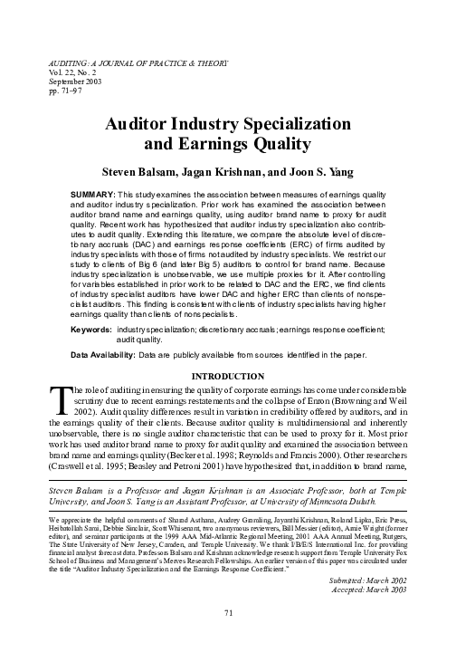 (PDF) Auditor industry specialization and earnings quality