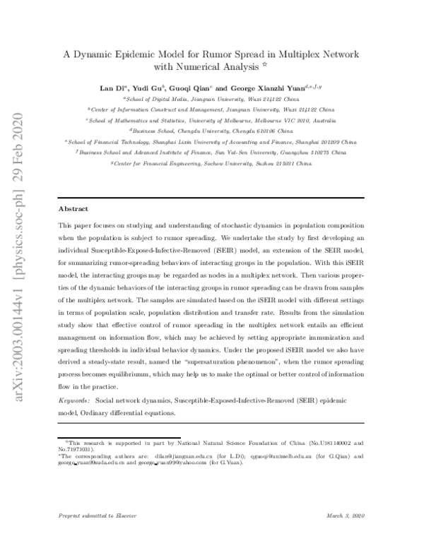 Pdf A Dynamic Epidemic Model For Rumor Spread In Multiplex Network With Numerical Analysis