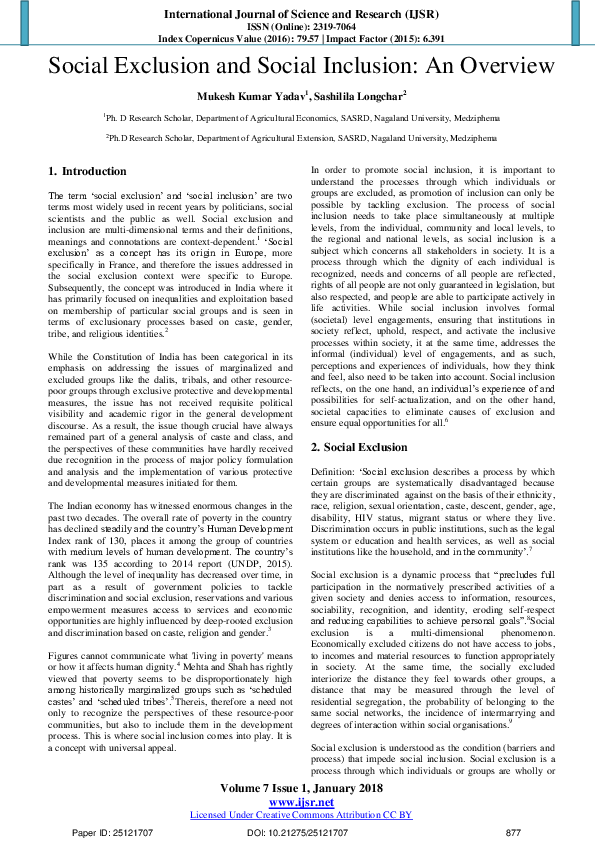 (PDF) Social Exclusion and Social Inclusion: An Overview