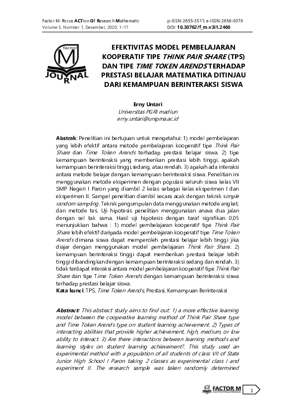 (PDF) Efektivitas Model Pembelajaran Kooperatif Tipe Think Pair Share (TPS) Dan Tipe Time Token ...