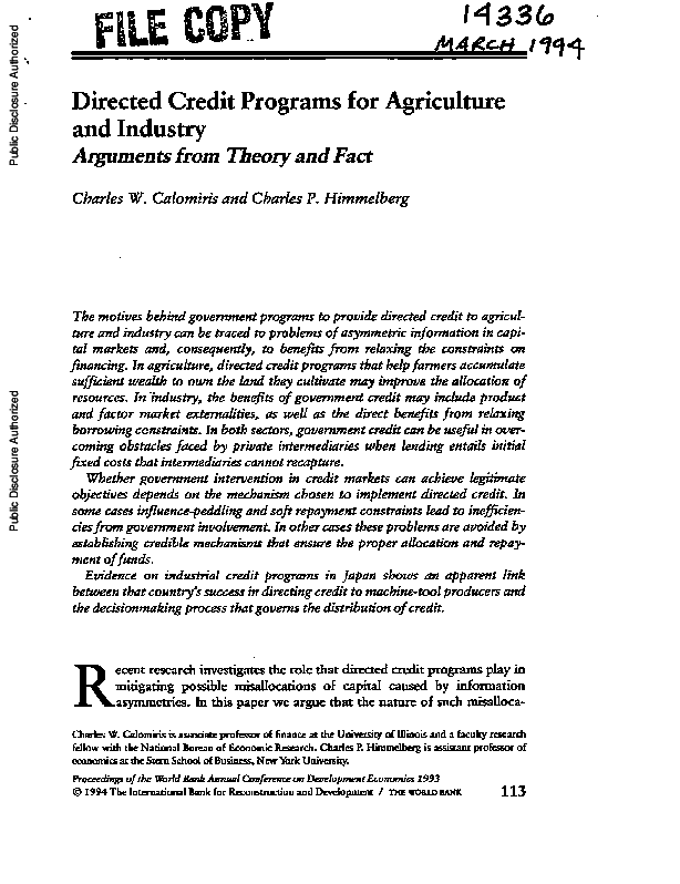 (PDF) Directed Credit Programs for Agriculture and Industry