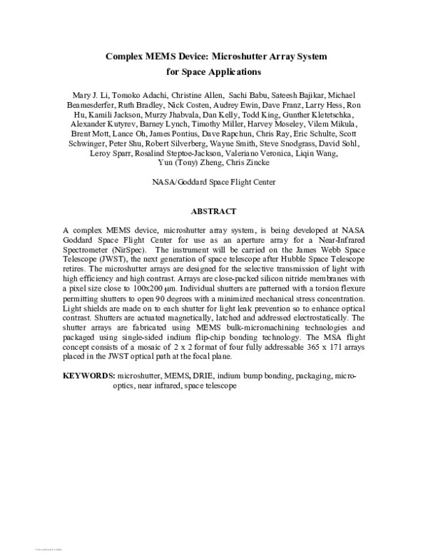 Pdf Complex Mems Device Microshutter Array System For Space Applications