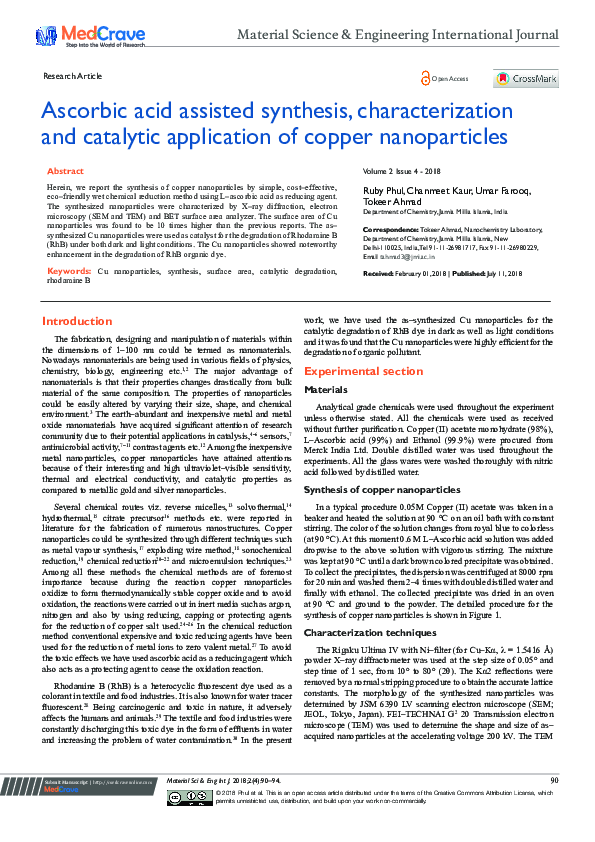 (PDF) Ascorbic acid assisted synthesis, characterization and catalytic application of copper ...