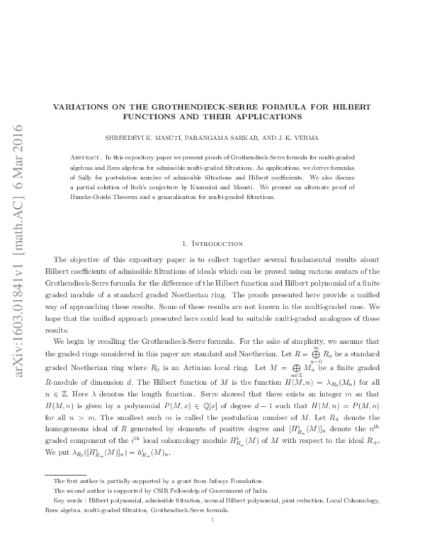 (PDF) Variations on the Grothendieck–Serre Formula for Hilbert Functions and Their Applications