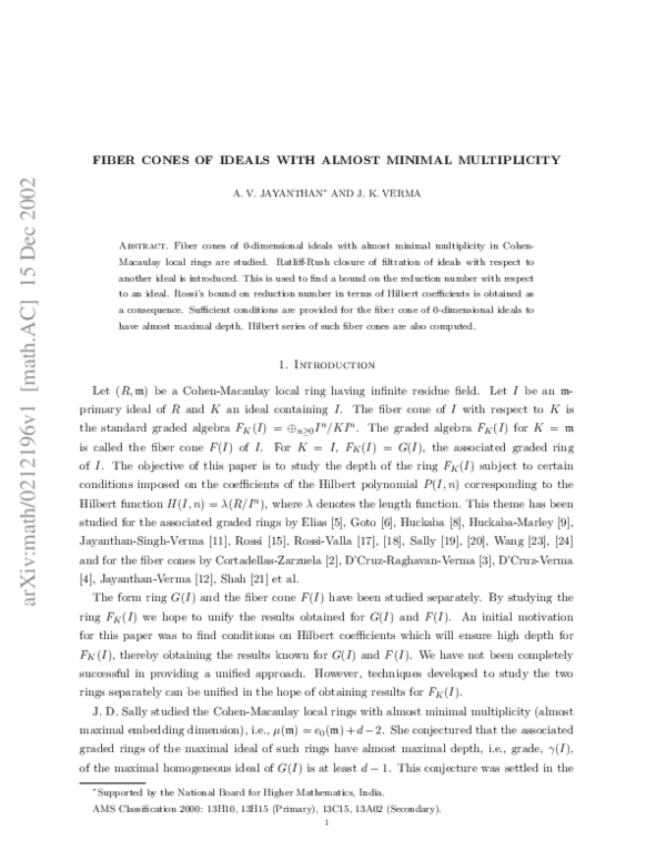 (PDF) Fiber Cones of Ideals with Almost Minimal Multiplicity | Jugal ...