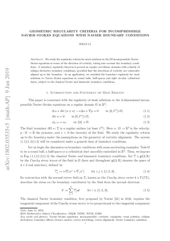 Pdf Geometric Regularity Criteria For Incompressible Navier Stokes Equations With Navier