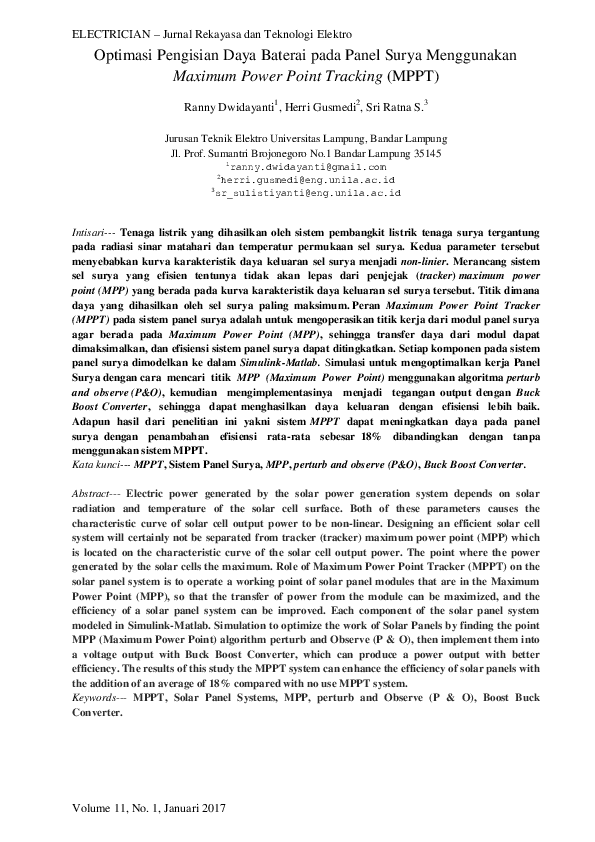 (PDF) Optimasi Pengisian Daya Baterai pada Panel Surya Menggunakan Maximum Power Point Tracking ...