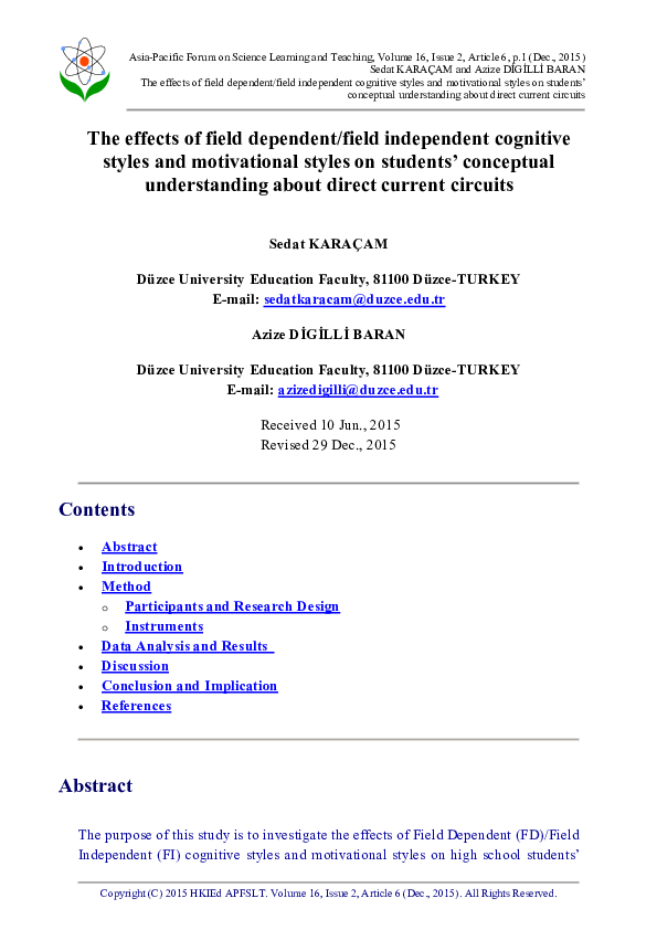 (PDF) The Effects of Field Dependent/Field Independent Cognitive Styles ...