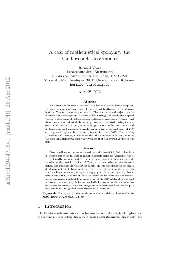 (PDF) A case of mathematical eponymy: the Vandermonde determinant