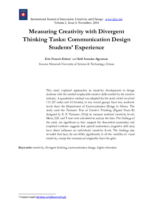 (PDF) Measuring Creativity with Divergent Thinking Tasks: Communication ...