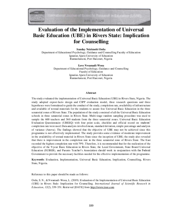 (PDF) Evaluation of the Implementation of Universal Basic Education (UBE) in Rivers State ...