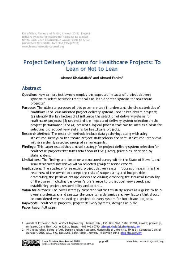 (PDF) Project Delivery Systems for Healthcare Projects: To Lean or Not ...