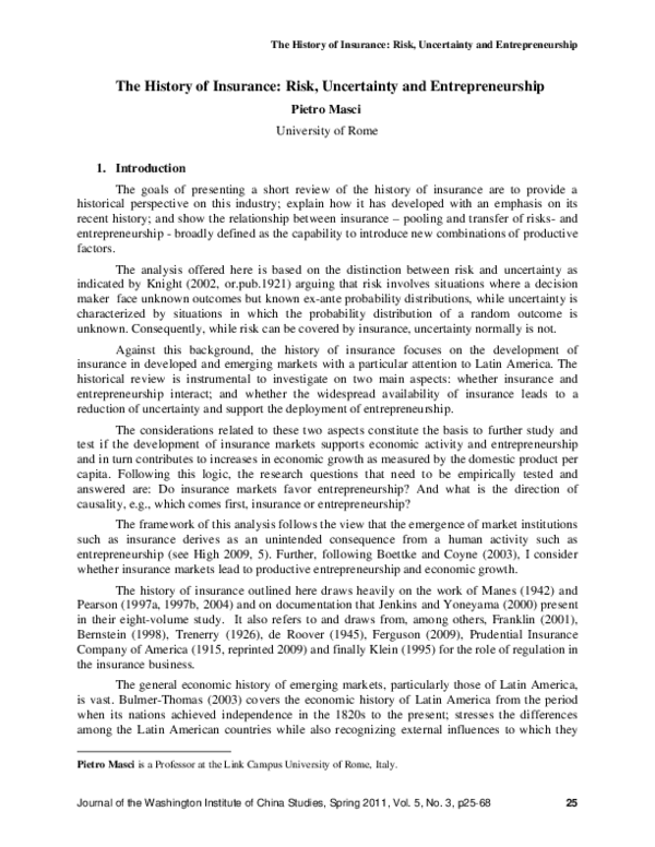 (PDF) The History of Insurance: Risk, Uncertainty and Entrepreneurship