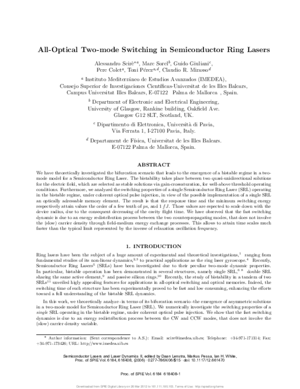 (PDF) All-Optical Two-mode Switching in Semiconductor Ring Lasers