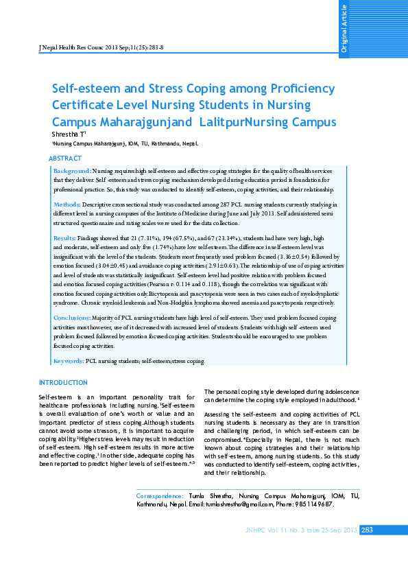 (PDF) Self-esteem and Stress Coping among Proficiency Certificate Level ...