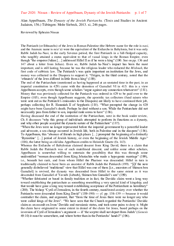 (PDF) Review on Appelbaum the Dynasty of the Jewish Patriarchs
