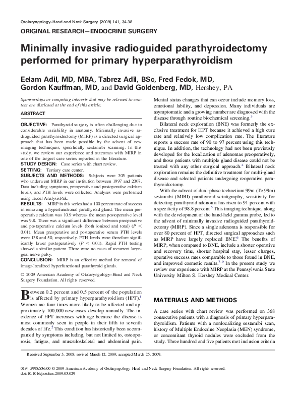 Pdf Minimally Invasive Radioguided Parathyroidectomy Performed For