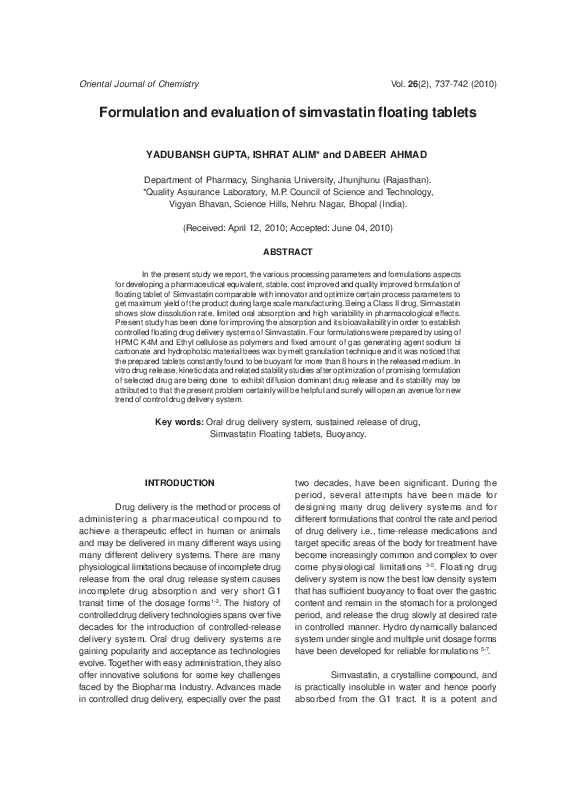 Pdf Formulation And Evaluation Of Simvastatin Floating Tablets