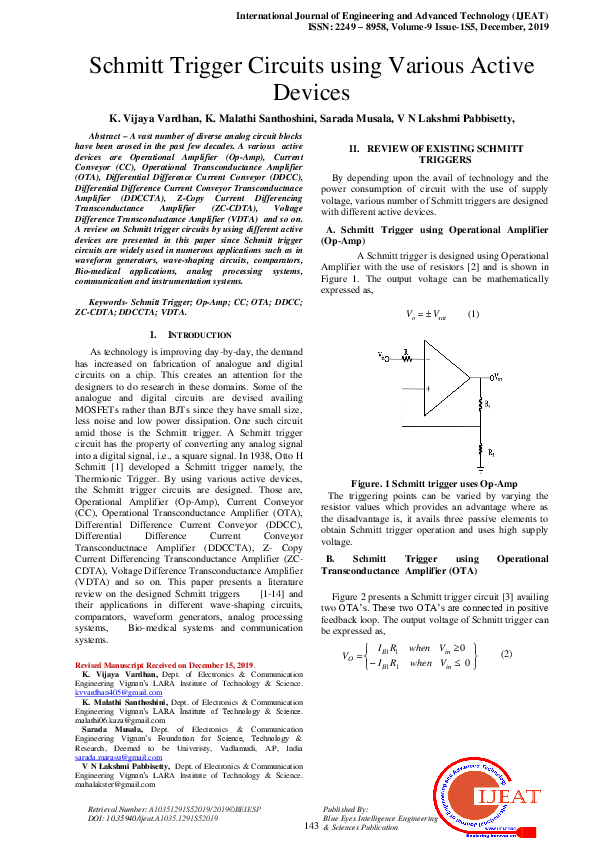 (PDF) Schmitt Trigger Circuits using Various Active Devices