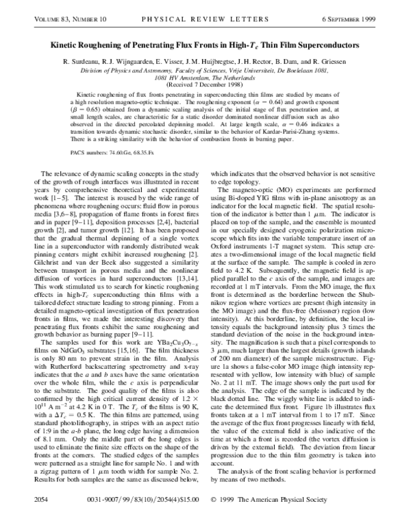 (PDF) Kinetic Roughening of Penetrating Flux Fronts in High- Tc Thin ...