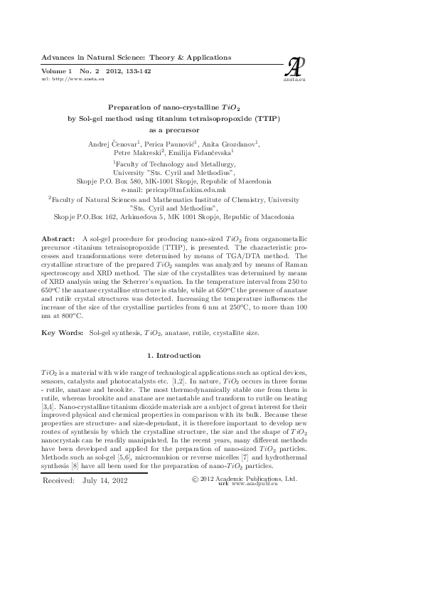 (PDF) Preparation of Nano-Crystalline TIO2 by Sol-Gel Method Using ...