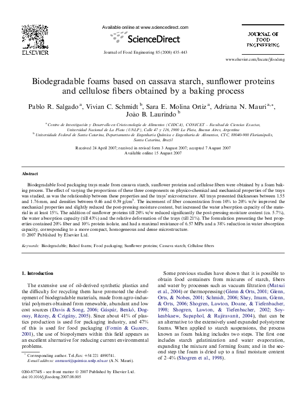 (PDF) Biodegradable foams based on cassava starch, sunflower proteins ...