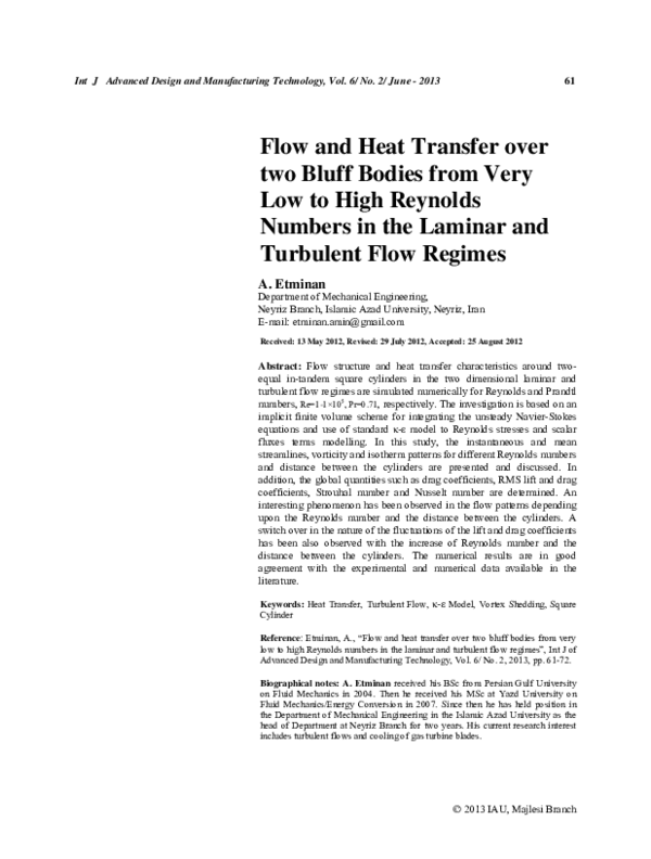 (PDF) Flow and Heat Transfer over two Bluff Bodies from Very Low to High Reynolds Numbers in the ...