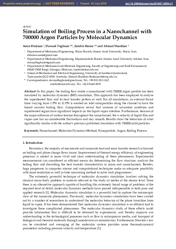 (PDF) Simulation of Boiling Process in a Nanochannel with 700000 Argon Particles by Molecular ...