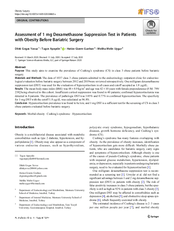 Assessment of 1 mg Dexamethasone Suppression Test in Patients with ...