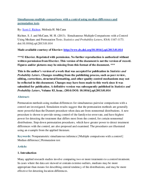 Pdf Simultaneous Multiple Comparisons With A Control Using Median Differences And Permutation