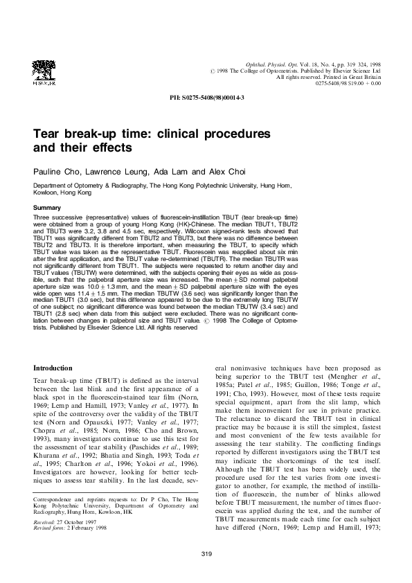 (PDF) Tear break-up time: clinical procedures and their effects