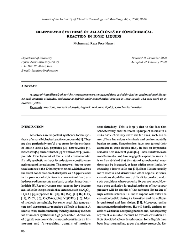(PDF) Erlenmeyer Synthesis of Azlactones by Sonochemical Reaction in ...