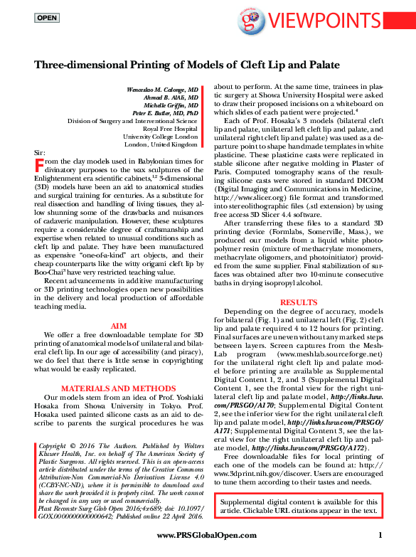 (PDF) Three-dimensional Printing of Models of Cleft Lip and Palate
